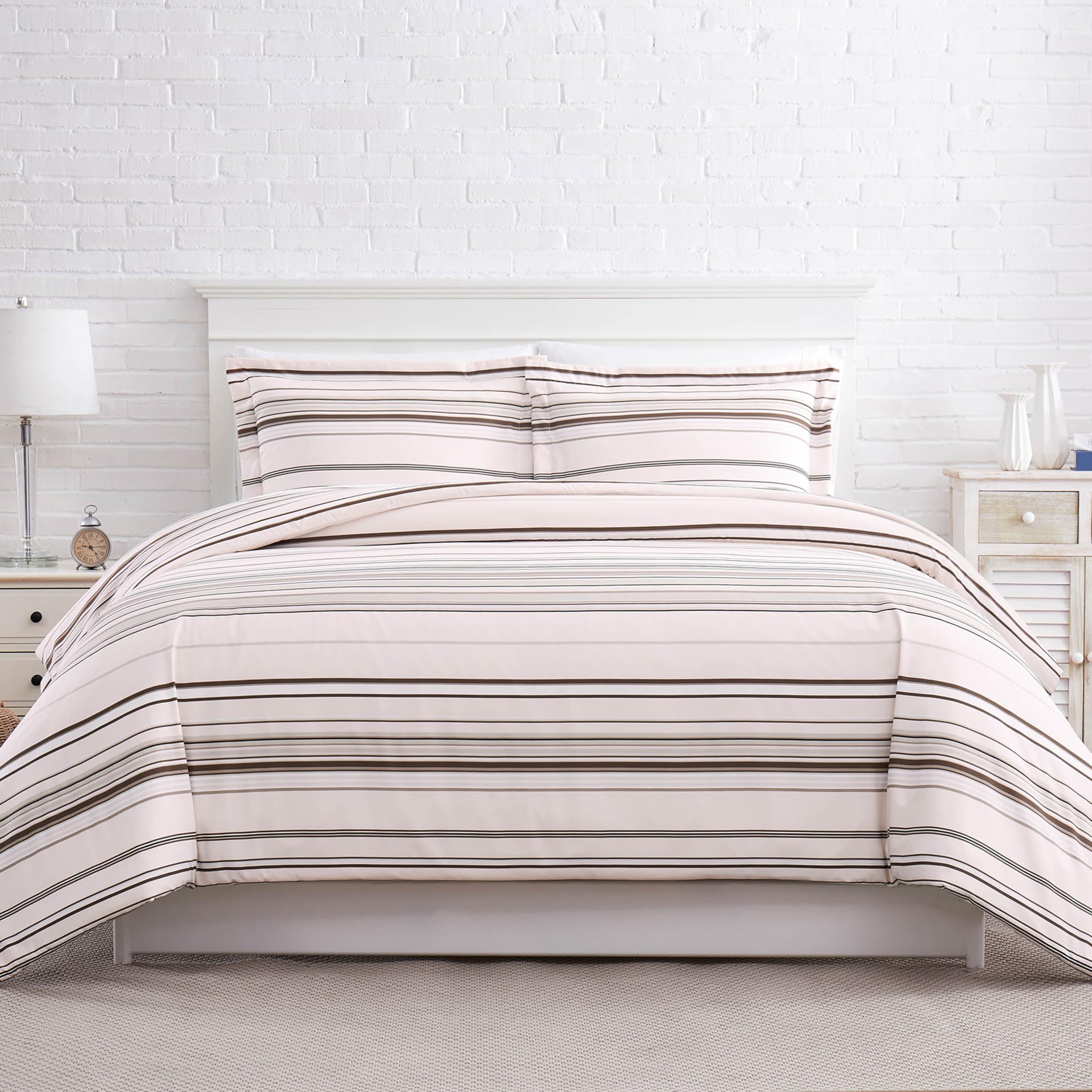 Southshore Fine Living, Inc. 3-Piece Full/Queen Size Comforter Set, Down Alternative All-Season Striped Comforter with 2 Shams, Soft Microfiber Bed Spread for Full or Queen Bed, Coastal Stripes Taupe
