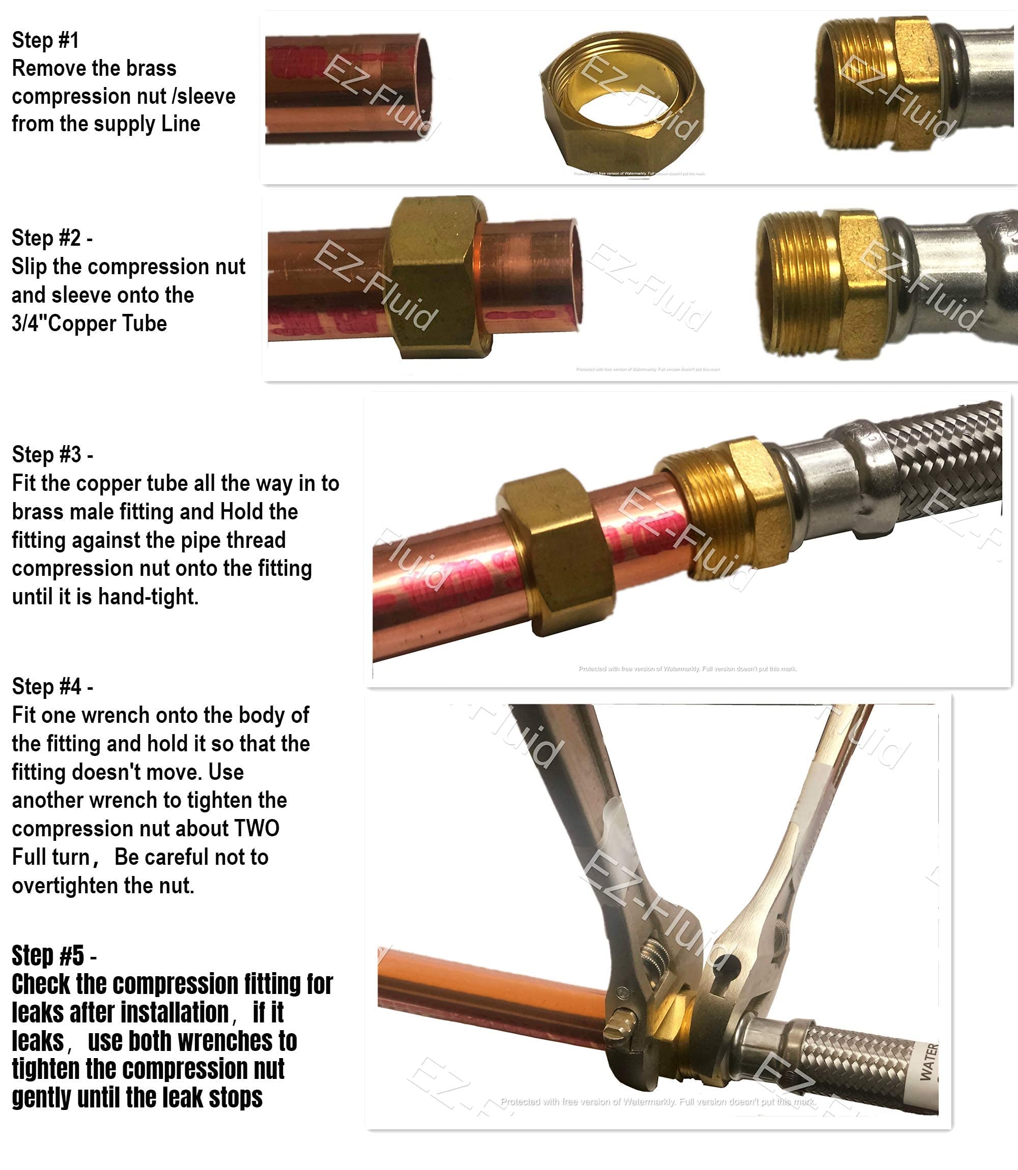 EZ-Fluid 3/4" Compression (7/8" OD) x 3/4"FIP x 12" Braided Flexible Stainless Steel Water Heater Connector Supply Line Water Hose for Female Iron Water Pipe Fitting or Copper Tubing,(1-Pack)