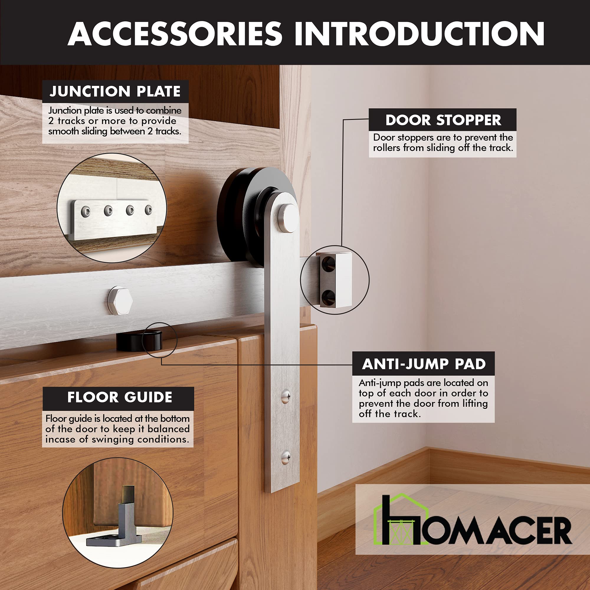 Homacer Mini Brushed Nickel Non-Bypass Sliding Barn Door Hardware Kit, for One/Single Door, 54-inch Long Flat Track, Straight Design Roller, Cabinet TV Stand Console Use…