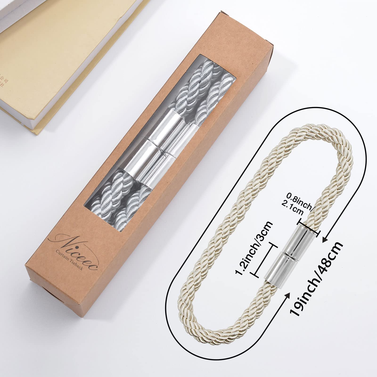 NICEEC 2 Pack Strong Magnetic Curtain Tiebacks Modern Simple Style Drape Tie Backs Convenient Decorative Weave Rope Curtain Holdbacks for Thin or Thick Home & Office Window Draperies (Beige)