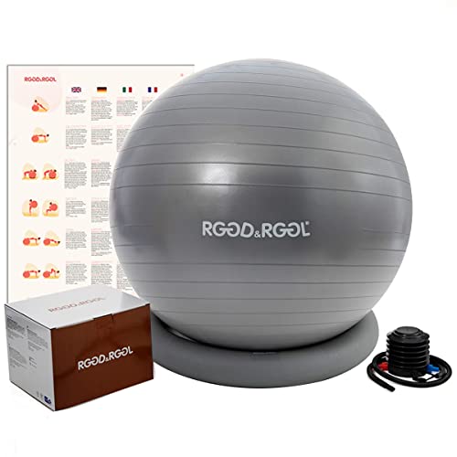RGGD&RGGL Exercise Ball Chair(55-75cm), Extra Thick Yoga Ball with Stability Ring, Workout Guide,Anti-Burst Balance Ball for Workout and Fitness (Sliver, 55cm)