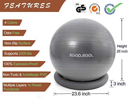 RGGD&RGGL Exercise Ball Chair(55-75cm), Extra Thick Yoga Ball with Stability Ring, Workout Guide,Anti-Burst Balance Ball for Workout and Fitness (Sliver, 55cm)