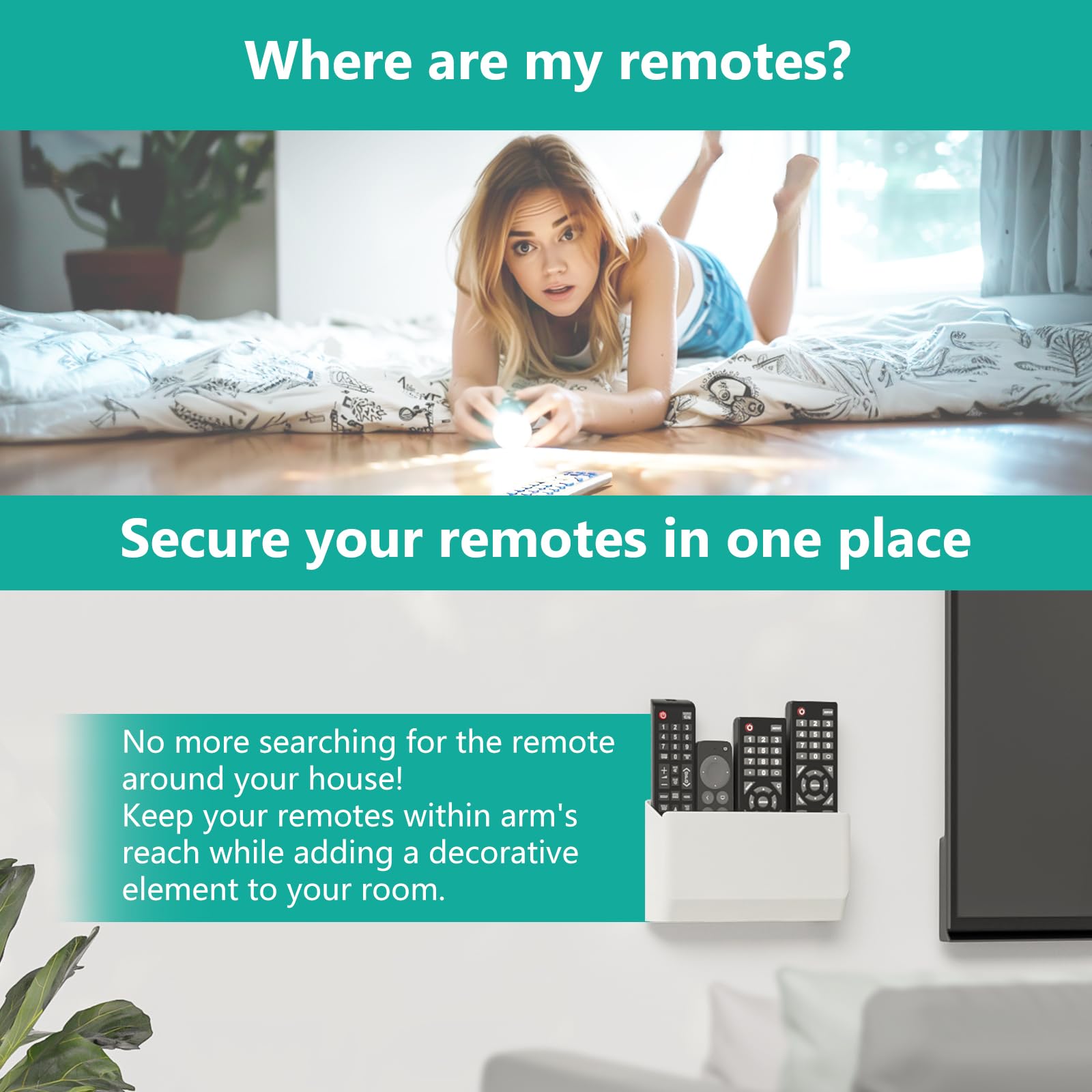 WALI Remote Control Holder Wall Mount 2 Pack, 8 Inch Hole-Free TV Remote Holder Wall Mount No Need to Drill Holes Adhesive Remote Control Wall Holder for 3 or 4 Remote Controls, White (WMH002-W)