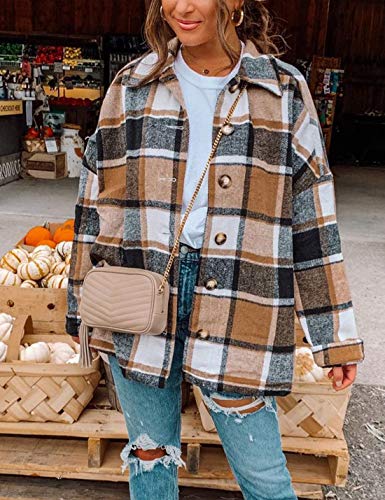 Lentta Women's Flannel Plaid Shacket Jacket Casual Fall Wool Blend Button Up Shirt Coat(Khaki-S)