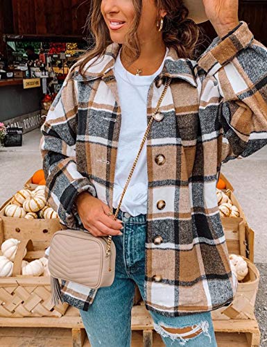 Lentta Women's Flannel Plaid Shacket Jacket Casual Fall Wool Blend Button Up Shirt Coat(Khaki-S)