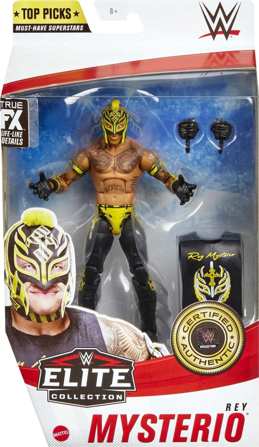 WWE MATTEL Top Picks Elite Rey Mysterio 6-inch Action Figure with Deluxe Articulation for Pose and Play, Life-like Detail, Authentic Ring Gear & Accessory,Multi,GVC01