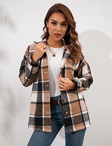 Lentta Women's Flannel Plaid Shacket Jacket Casual Fall Wool Blend Button Up Shirt Coat(Khaki-S)