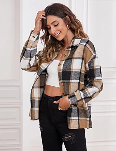 Lentta Women's Flannel Plaid Shacket Jacket Casual Fall Wool Blend Button Up Shirt Coat(Khaki-S)