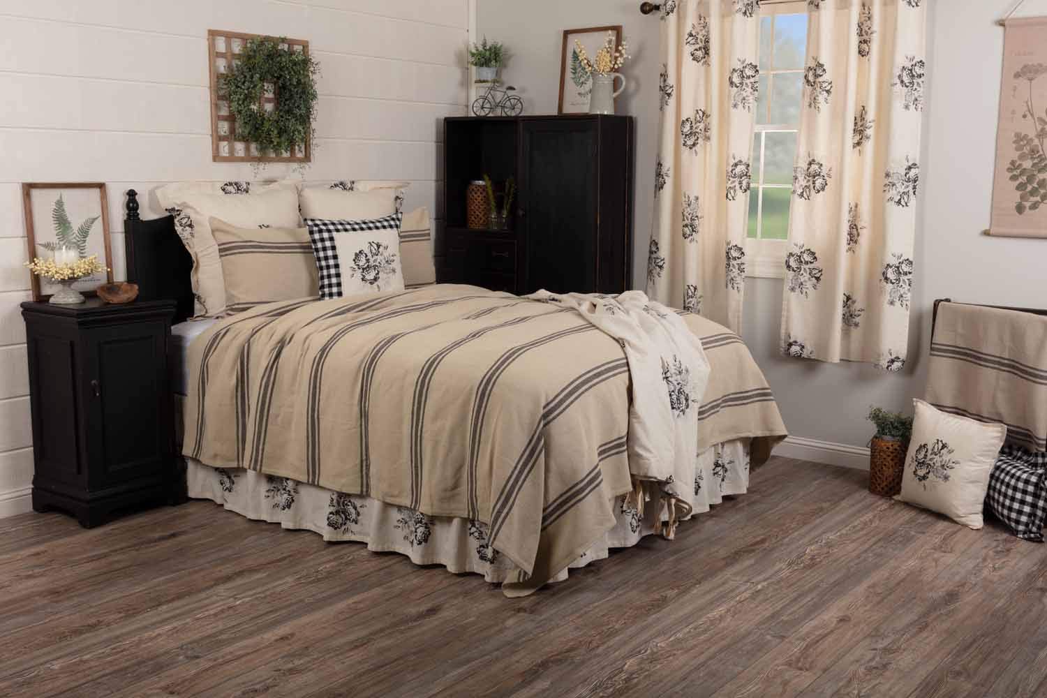 Piper Classics Mill House Stripe Black Queen Coverlet Bedspread, 94" L x 94" W, Oversized Woven Blanket, Farmhouse Primitive Grain Sack Stripe Bedding, Beige & Black