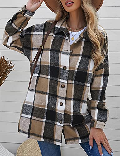 Lentta Women's Flannel Plaid Shacket Jacket Casual Fall Wool Blend Button Up Shirt Coat(Khaki-S)