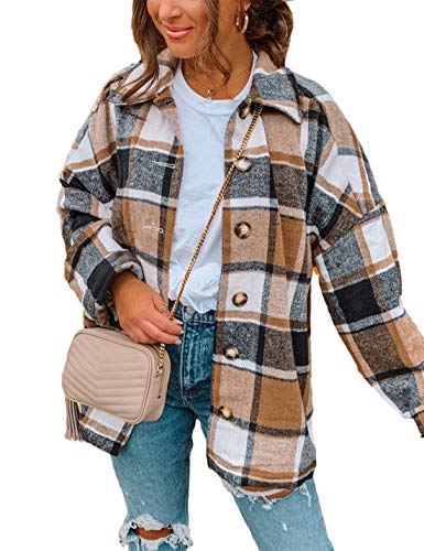 Lentta Women's Flannel Plaid Shacket Jacket Casual Fall Wool Blend Button Up Shirt Coat(Khaki-S)
