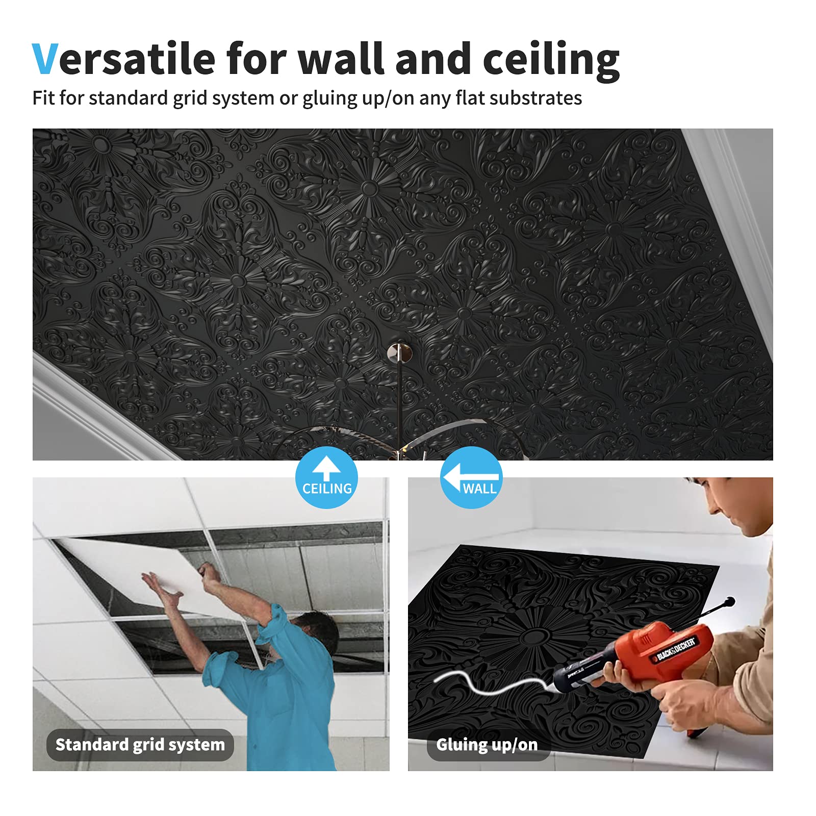 Art3d Decorative Ceiling Tile 2x2 Glue up, Lay in Ceiling Tile 24x24 Pack of 12pcs Spanish Floral in Black