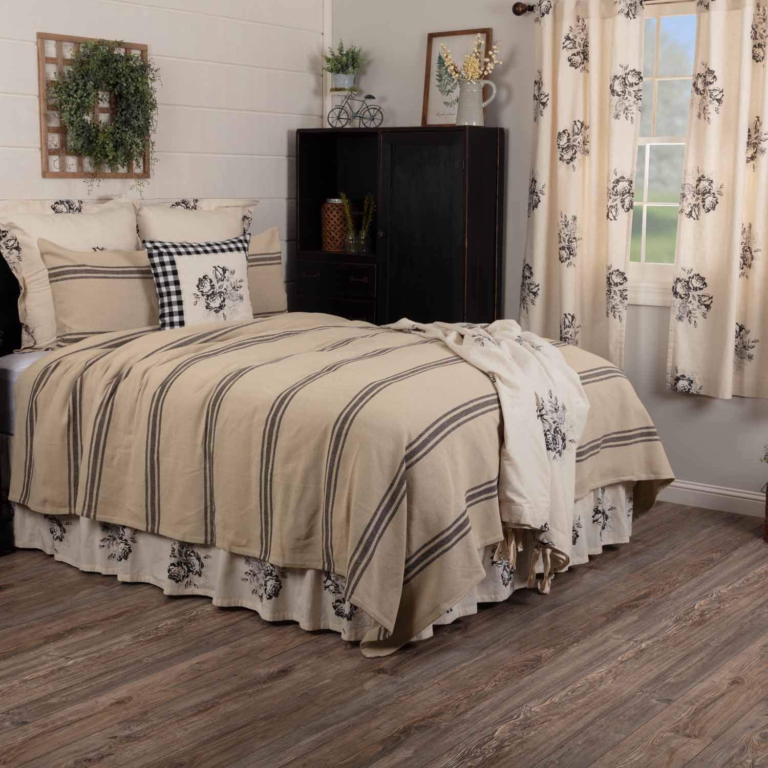 Piper Classics Mill House Stripe Black Queen Coverlet Bedspread, 94" L x 94" W, Oversized Woven Blanket, Farmhouse Primitive Grain Sack Stripe Bedding, Beige & Black