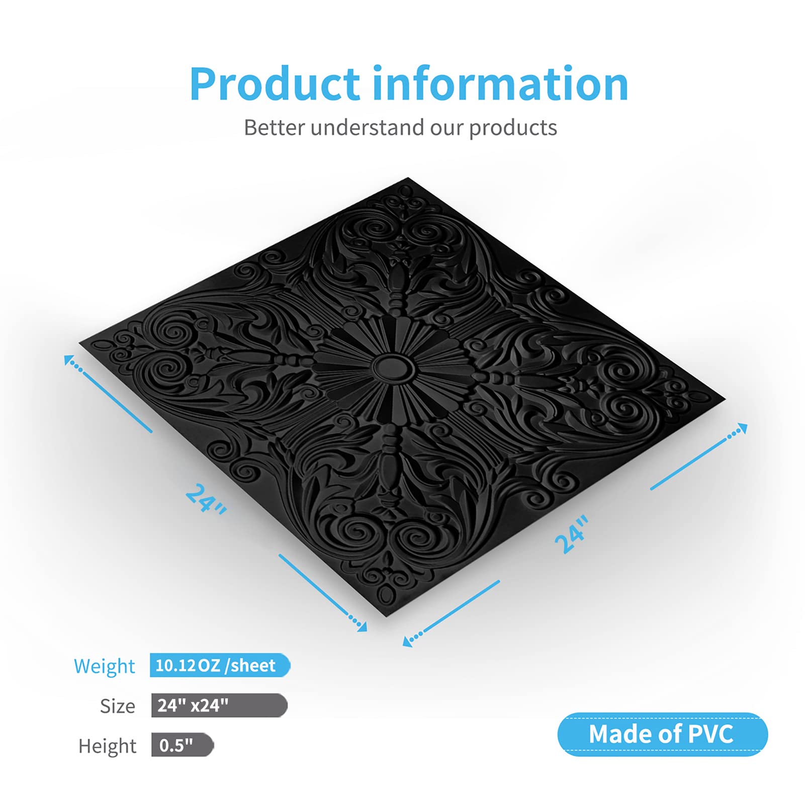 Art3d Decorative Ceiling Tile 2x2 Glue up, Lay in Ceiling Tile 24x24 Pack of 12pcs Spanish Floral in Black
