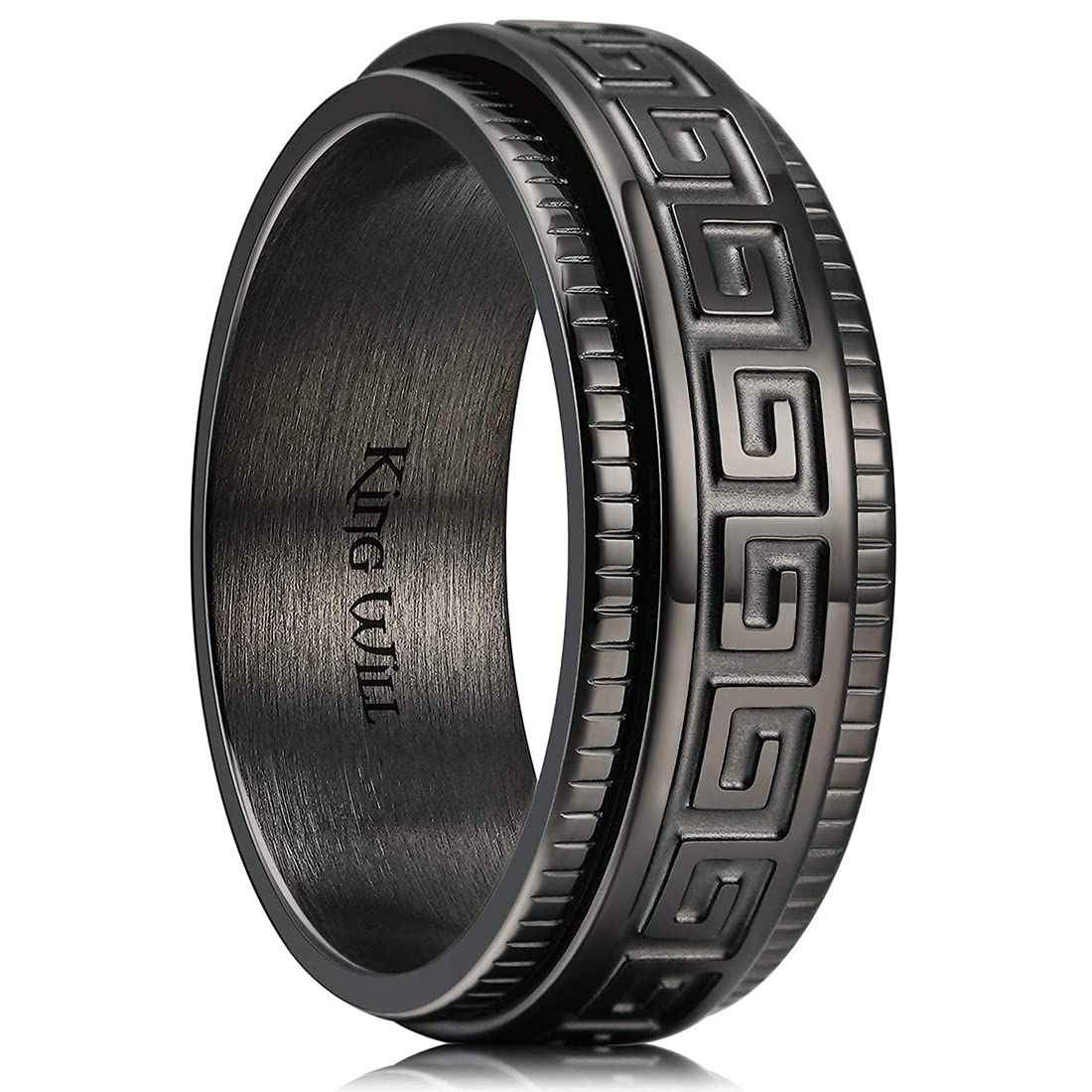 King Will 8mm Black Spinner Stainless Steel Ring Fidget Ring Anxiety Ring for Men Greek Key Pattern