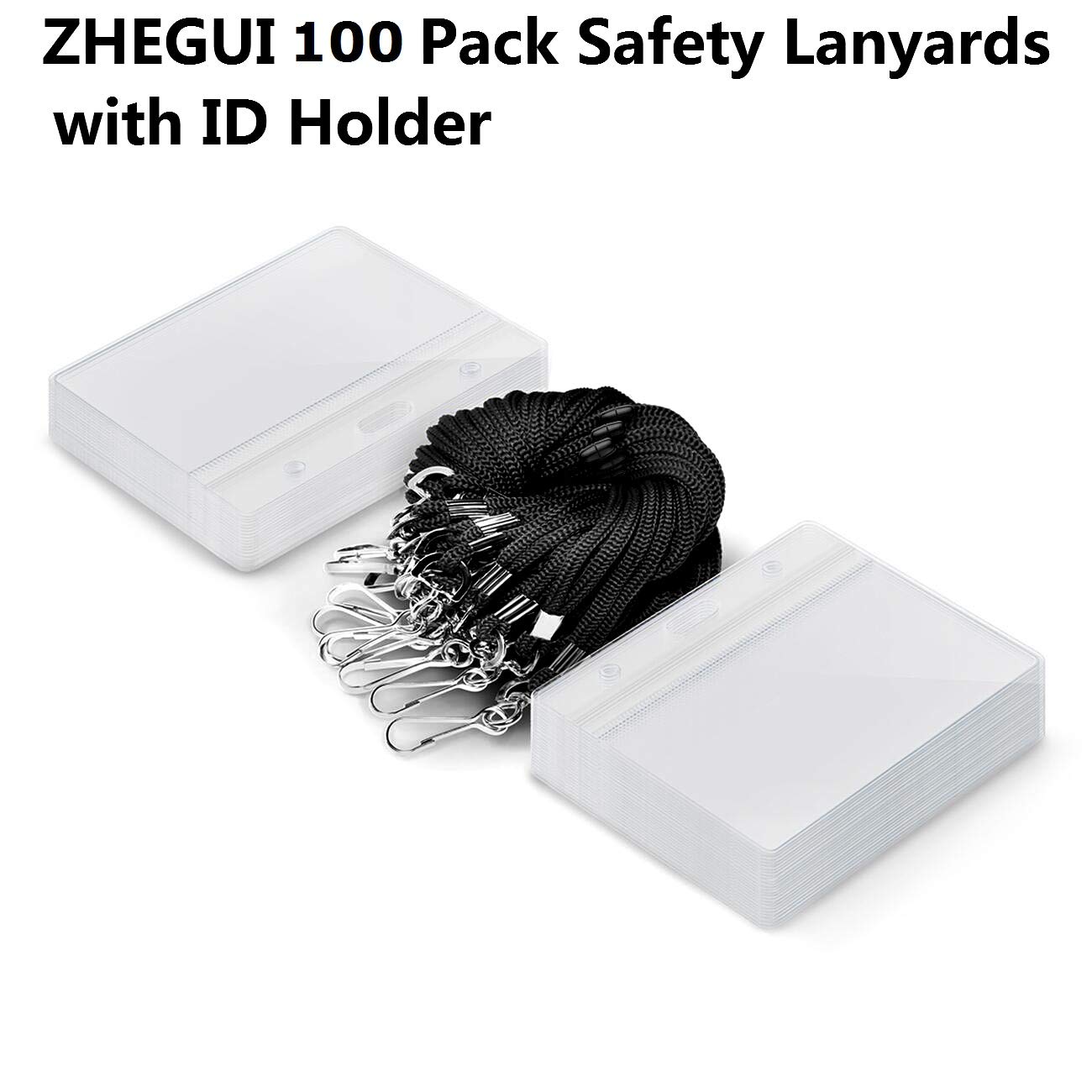 ZHEGUI Breakaway Lanyards with ID Holder Clear Plastic Horizontal Nametag Badge Holders (100 Pack, Satin Black)