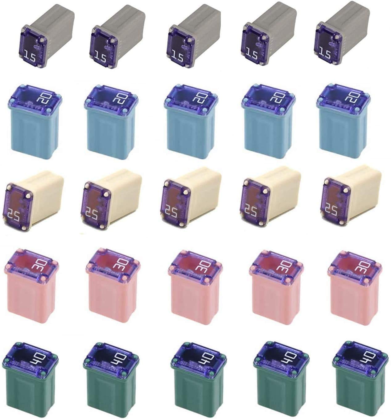 25 Pack Micro Cartridge Fuses,15 Amp Micro Fuse,20 Amp Micro Fuse,25 Amp Micro Fuse,30 Amp Micro Fuse,40 Amp Micro Fuse,FMM Fuses Kit MCASE Type for Cars,SUVs and Trucks,Multi Color