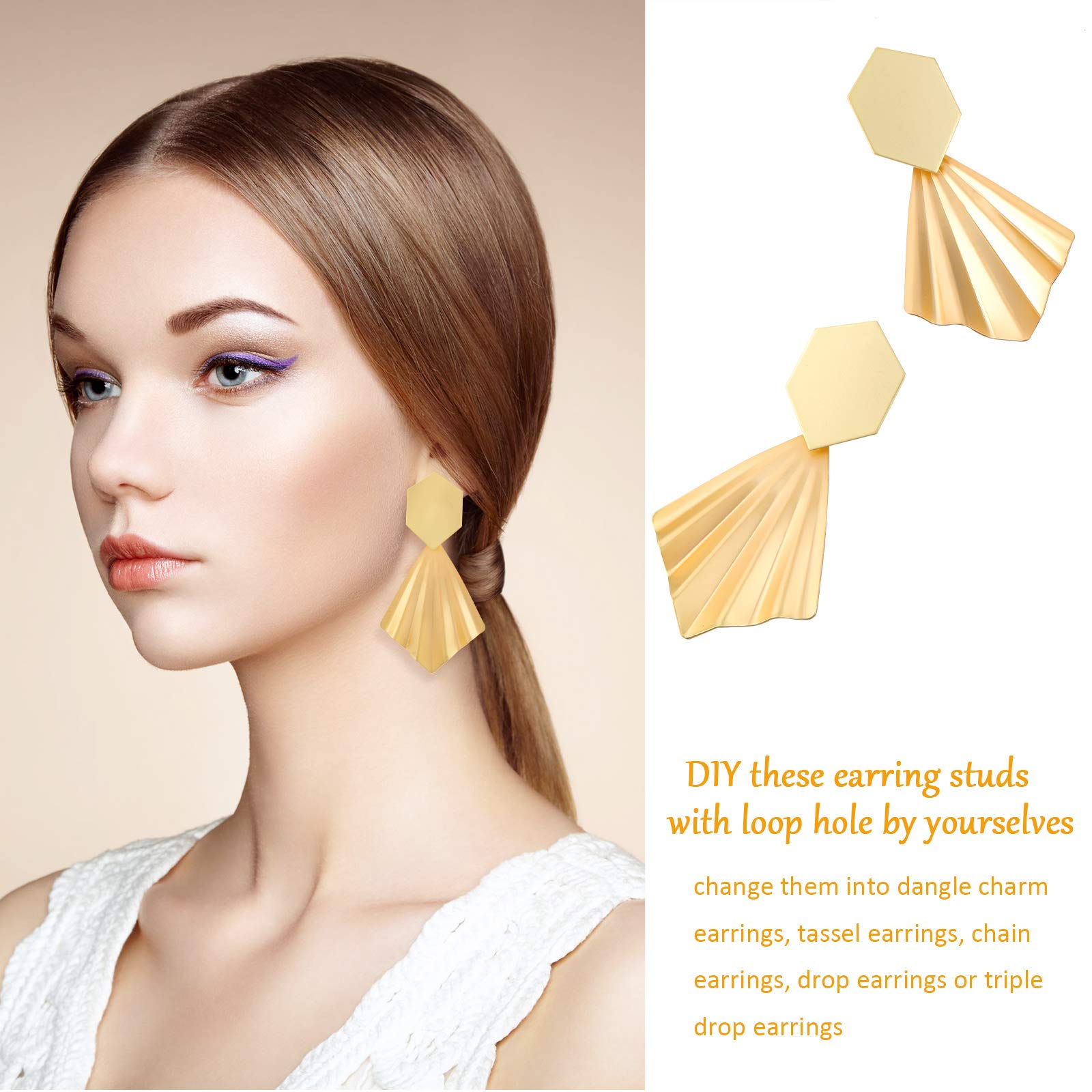 Hicarer 90 Pcs Gold Plated Earring Posts for Jewelry Making Earring Studs with Loop Hole Palm-Leaf Shaped Earring Finding Shell Heart Flower Track Ear Pad Base Posts for Women