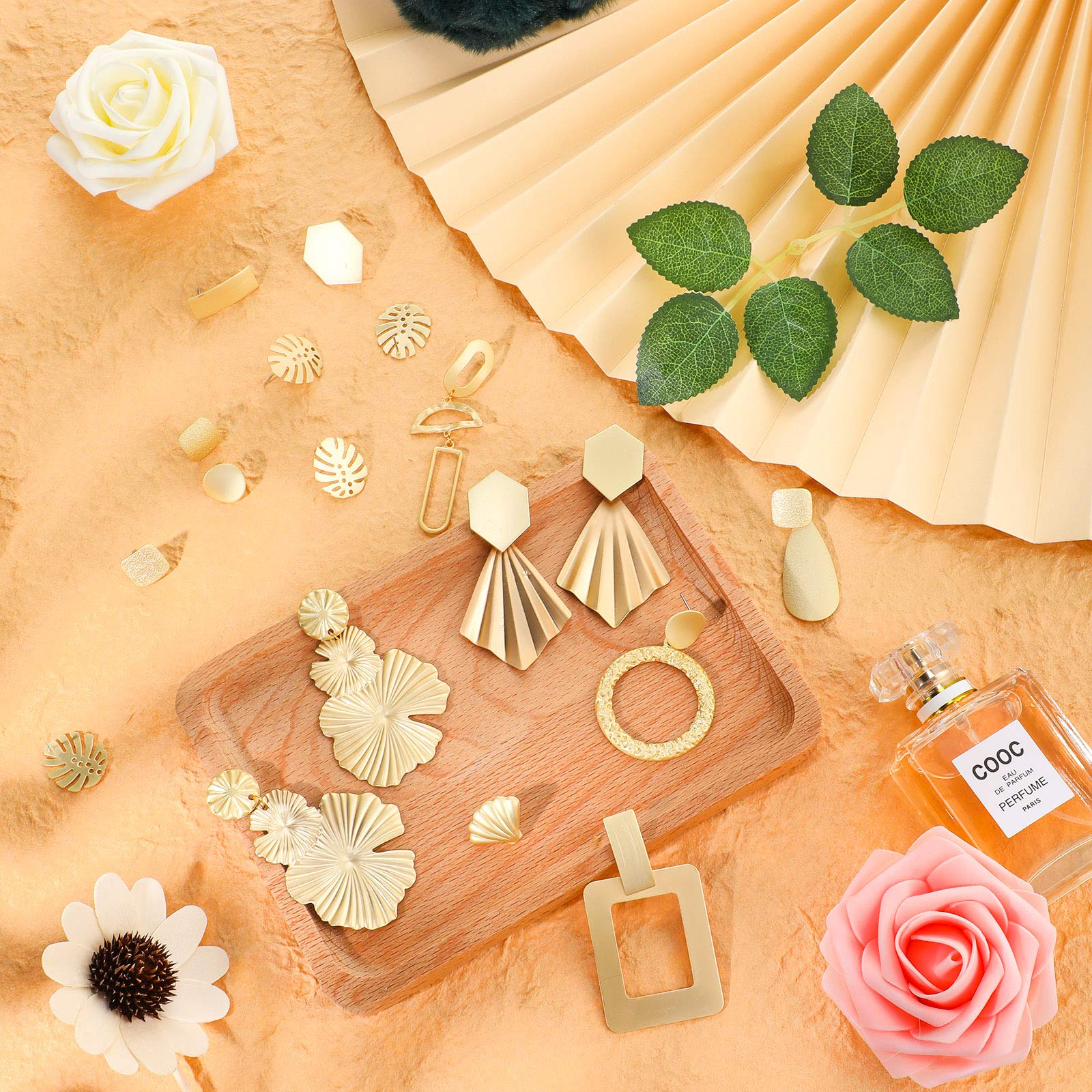 Hicarer 90 Pcs Gold Plated Earring Posts for Jewelry Making Earring Studs with Loop Hole Palm-Leaf Shaped Earring Finding Shell Heart Flower Track Ear Pad Base Posts for Women