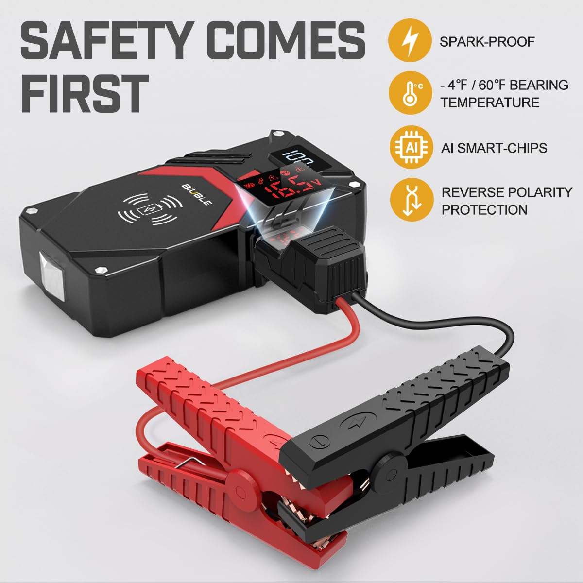 BIUBLE Car Jump Starter, 2500A Peak 12V Auto Booster Battery Pack Jump Box(Up to All Gas or 8.0L Diesel Engine, 50 Times) Jump Starter with 10W Wireless Charger Smart Jump Cables