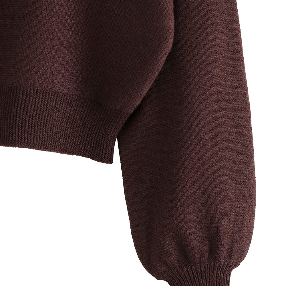 ZAFUL Women's Cropped Sweater V-Neck Long Sleeve Crop Sweater Pullover Jumper Knit Top (1-Deep Coffee, S)