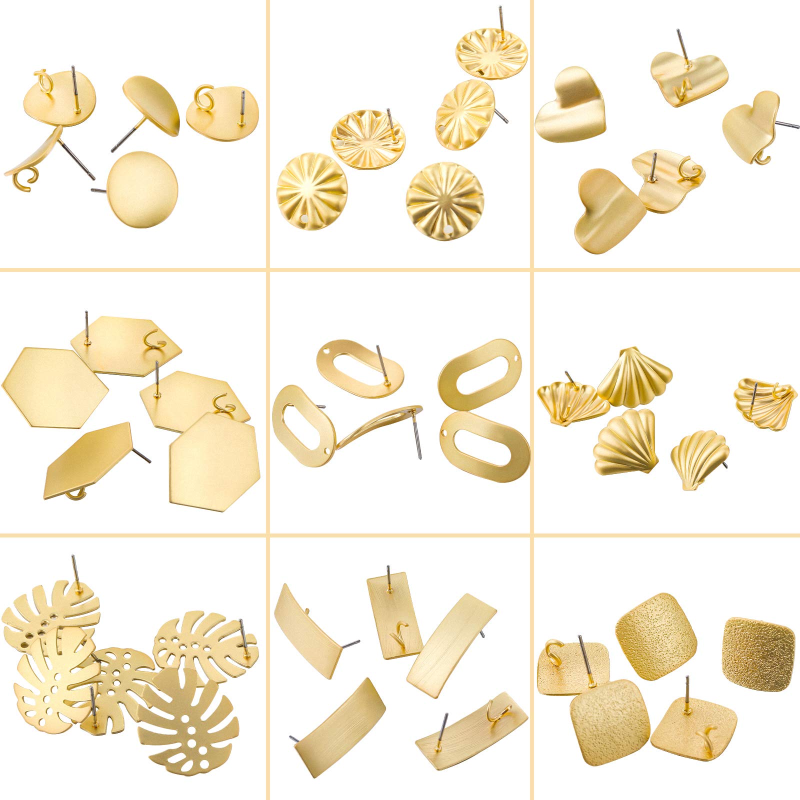 Hicarer 90 Pcs Gold Plated Earring Posts for Jewelry Making Earring Studs with Loop Hole Palm-Leaf Shaped Earring Finding Shell Heart Flower Track Ear Pad Base Posts for Women