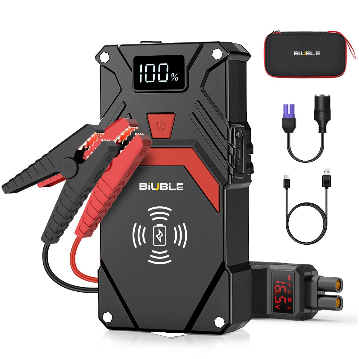 BIUBLE Car Jump Starter, 2500A Peak 12V Auto Booster Battery Pack Jump Box(Up to All Gas or 8.0L Diesel Engine, 50 Times) Jump Starter with 10W Wireless Charger Smart Jump Cables