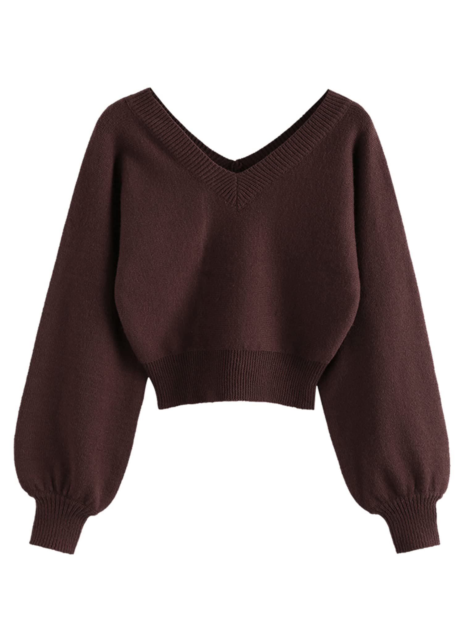 ZAFUL Women's Cropped Sweater V-Neck Long Sleeve Crop Sweater Pullover Jumper Knit Top (1-Deep Coffee, S)