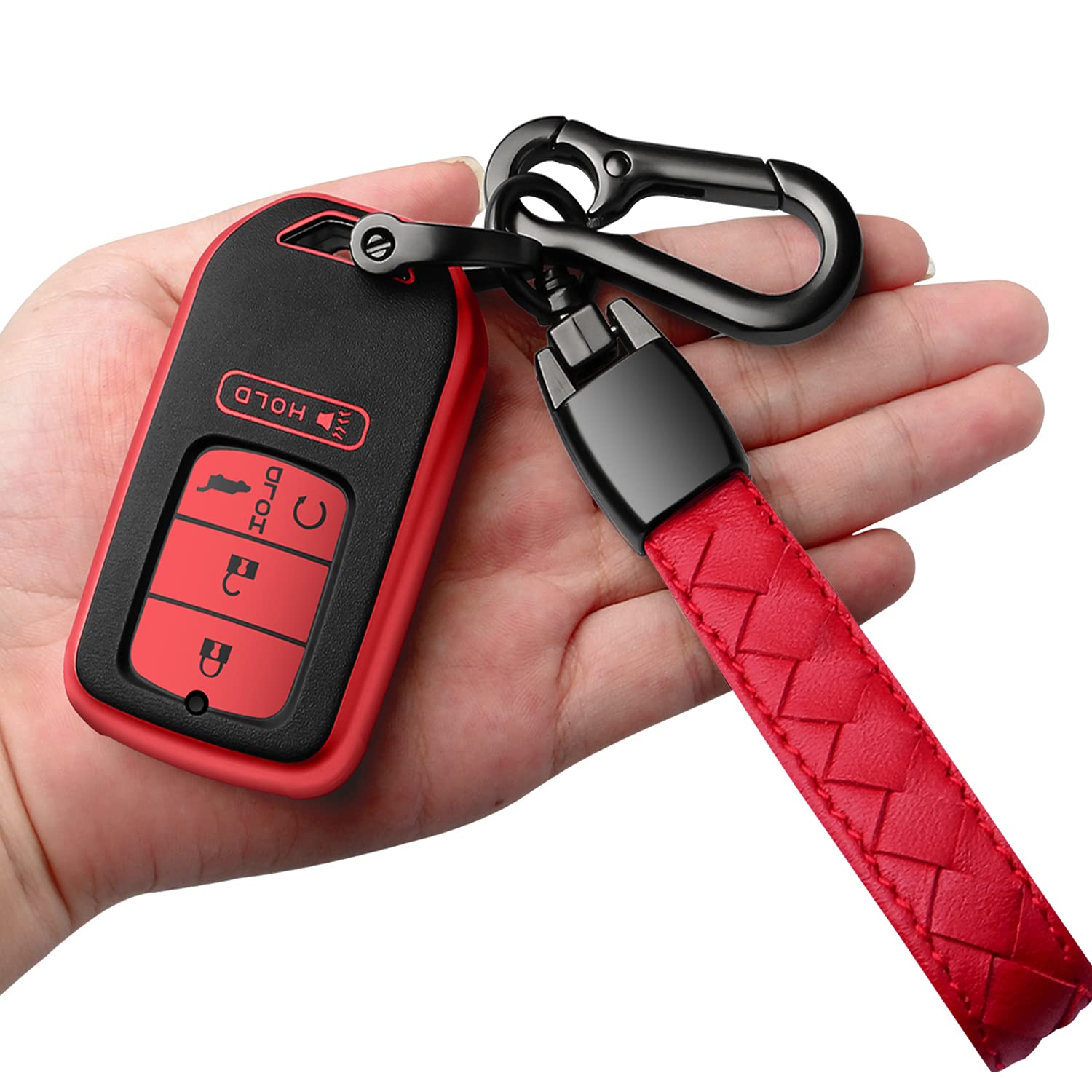 Sindeda for Honda Key fob Cover with Leather Keychain,Soft TPU Full Cover Protection,Key fob case Compatible Honda Accord Civic CRV Pilot Odyssey Passport Smart Remote Key，Key Fob Shell Red