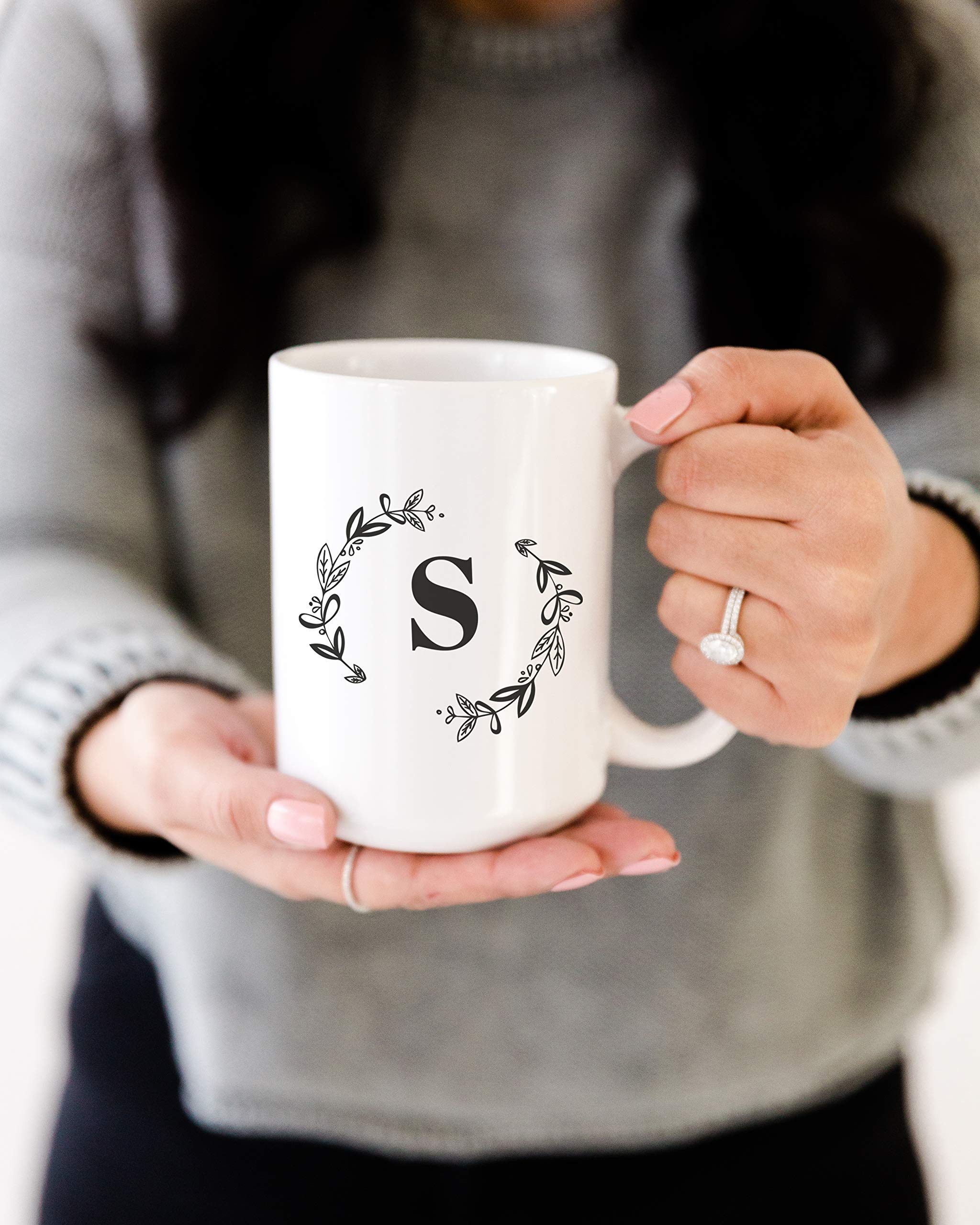 The Cotton & Canvas Co. Botanical Personalized Monogram Initial Letter S Coffee Mug Porcelain Ceramic Coffee Mug. For Her, For Him