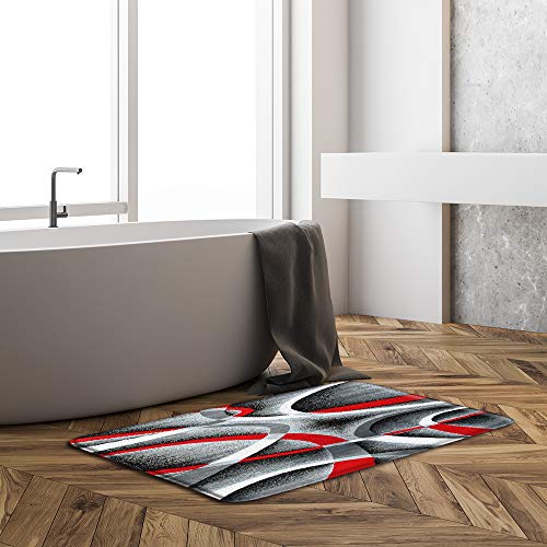 CHui DECOR Red Gray Bath Mat Modern Abstract Geometric Wavy Circles Swirls Striped Contemporary Minimalist Soft Microfiber Memory Foam Non Slip Backing Bathroom Rugs