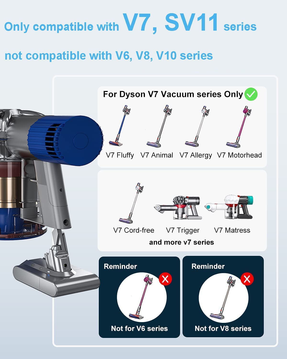 DTK Battery Replacement for Dyson V7 SV11 Handheld Vacuum Cleaner 21.6V 4500mAh Motorhead Pro Trigger Animal Car+Boat Absolute Fluffy Mattress Extra [ONLY Fit for V7 SV11 Series]
