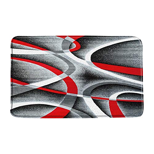 CHui DECOR Red Gray Bath Mat Modern Abstract Geometric Wavy Circles Swirls Striped Contemporary Minimalist Soft Microfiber Memory Foam Non Slip Backing Bathroom Rugs
