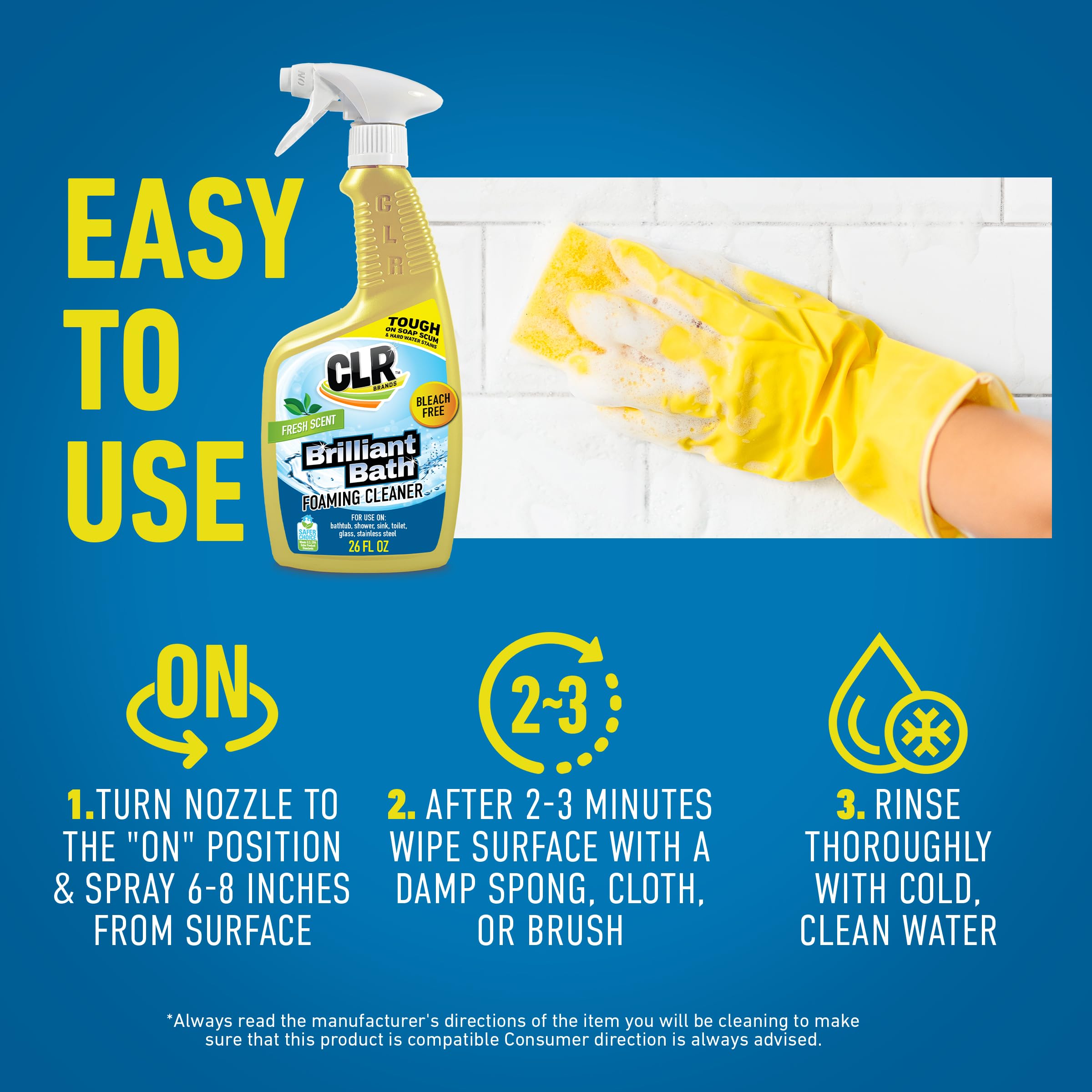 CLR Brilliant Bath Foaming Bathroom Cleaner Spray - For Use On Toilet, Bath, Shower, Sink, Glass, Stainless Steel - Fresh Scent, 26 Ounce Bottle (Pack Of 2)