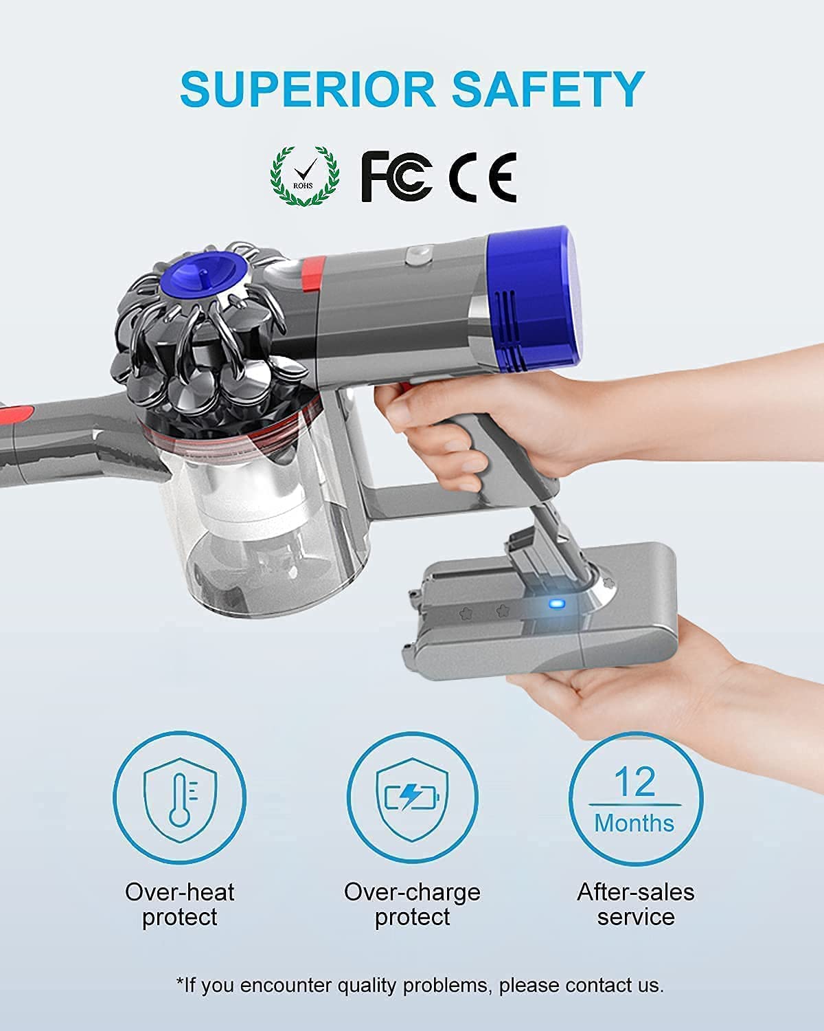 DTK Battery Replacement for Dyson V7 SV11 Handheld Vacuum Cleaner 21.6V 4500mAh Motorhead Pro Trigger Animal Car+Boat Absolute Fluffy Mattress Extra [ONLY Fit for V7 SV11 Series]