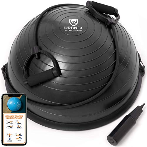 URBNFit Half Balance Ball - Yoga Ball Balance Trainer for Core Stability & Full Body Workout at Home or Gym - Resistance Bands, Pump and Exercise Guide Included - Black