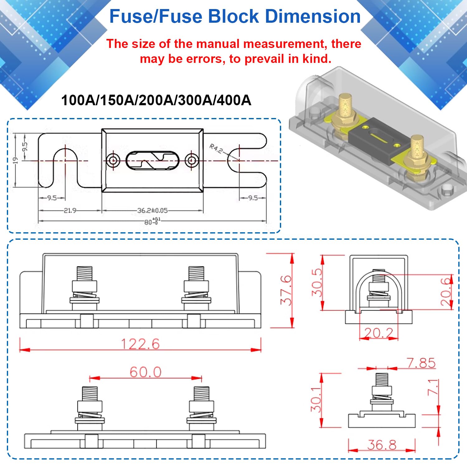 smseace 200AMP ANL Fuse Holder Kit Including Transparent Fuse Base,200a Copper anl Fuse,5/16-1/0AWG Copper Ring Terminal and Heat shrinkable Tube for car Audio and Other high Current Applications