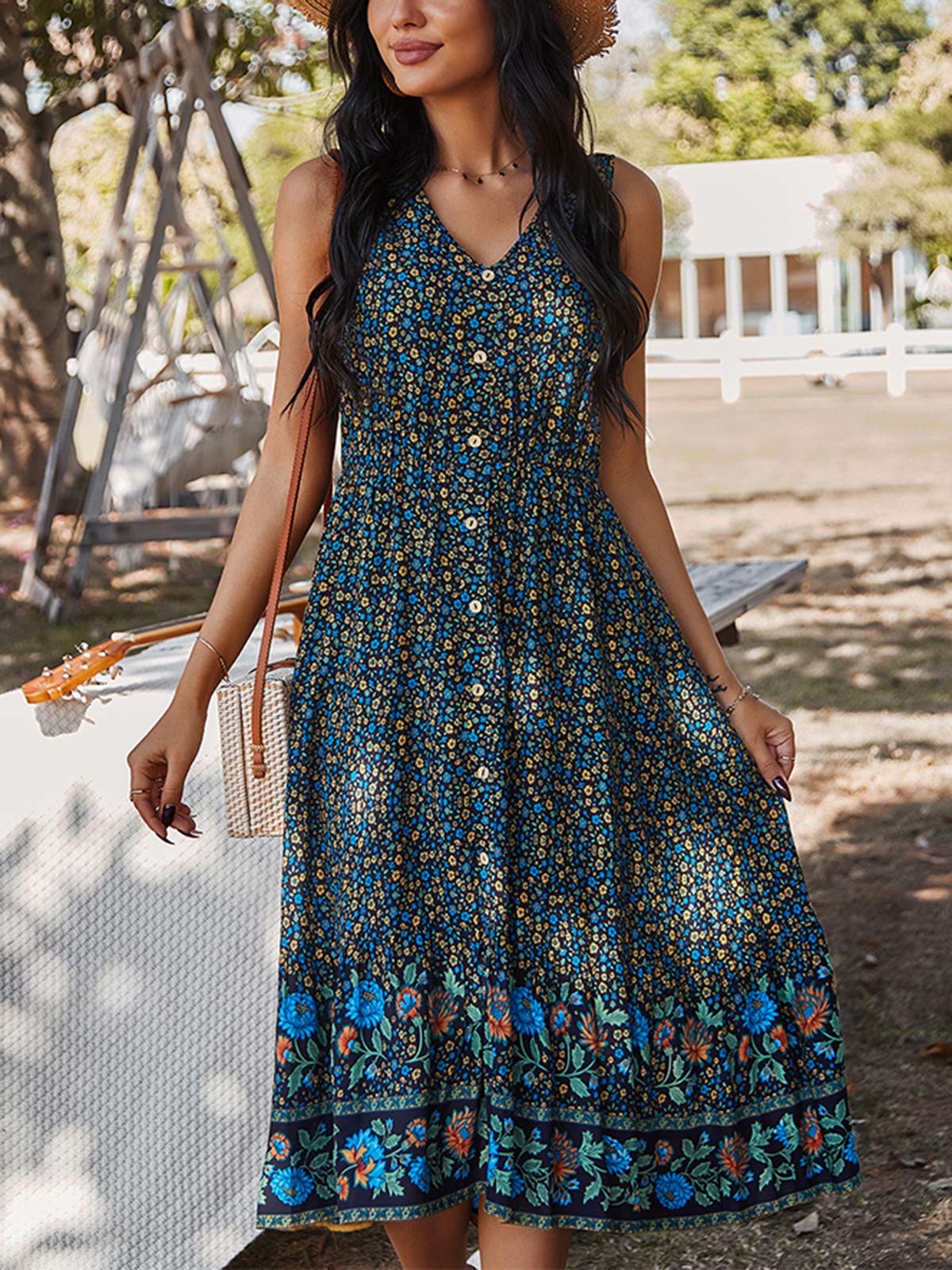 TEMOFON Women Dress Summer Sleeveless Bohemian Floral V Neck Button Down Flowy Boho Dresses 2025 Navy Blue XL