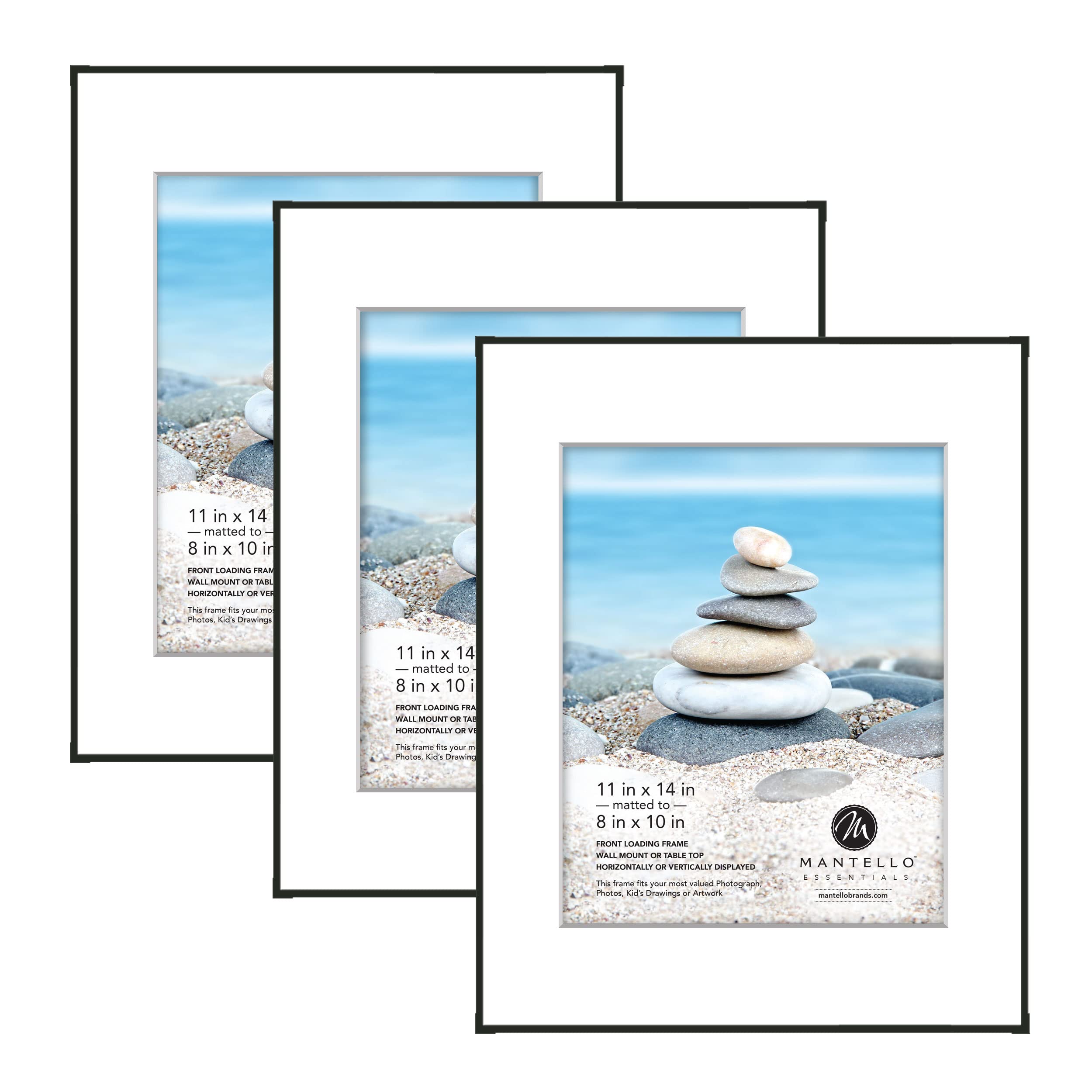MANTELLO ESSENTIALS Black Picture Frame 11x14-8x10 Matted Space or 11x14 No Mat Space- Pack of 3 Picture Frames 11x14