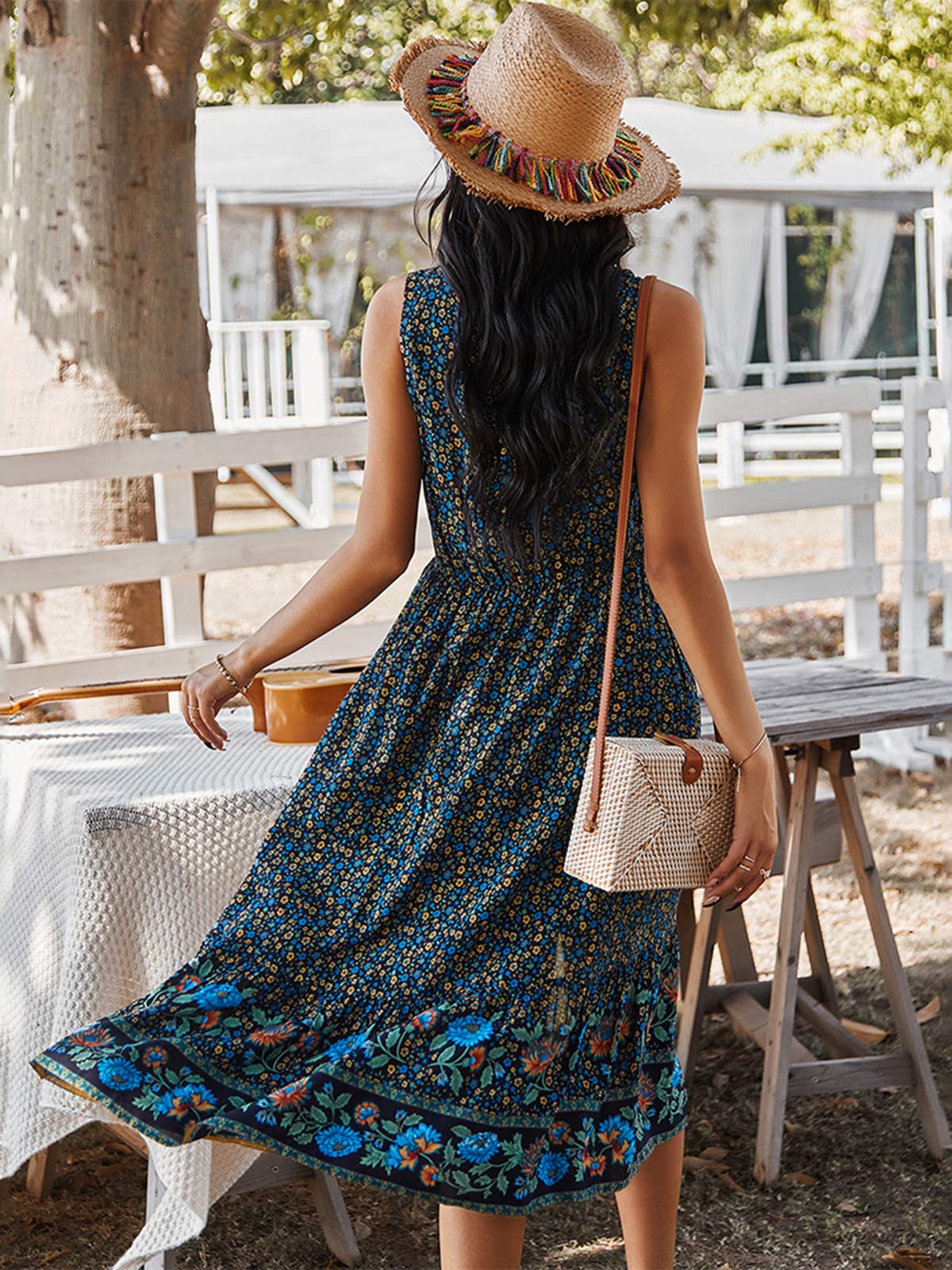 TEMOFON Women Dress Summer Sleeveless Bohemian Floral V Neck Button Down Flowy Boho Dresses 2025 Navy Blue XL