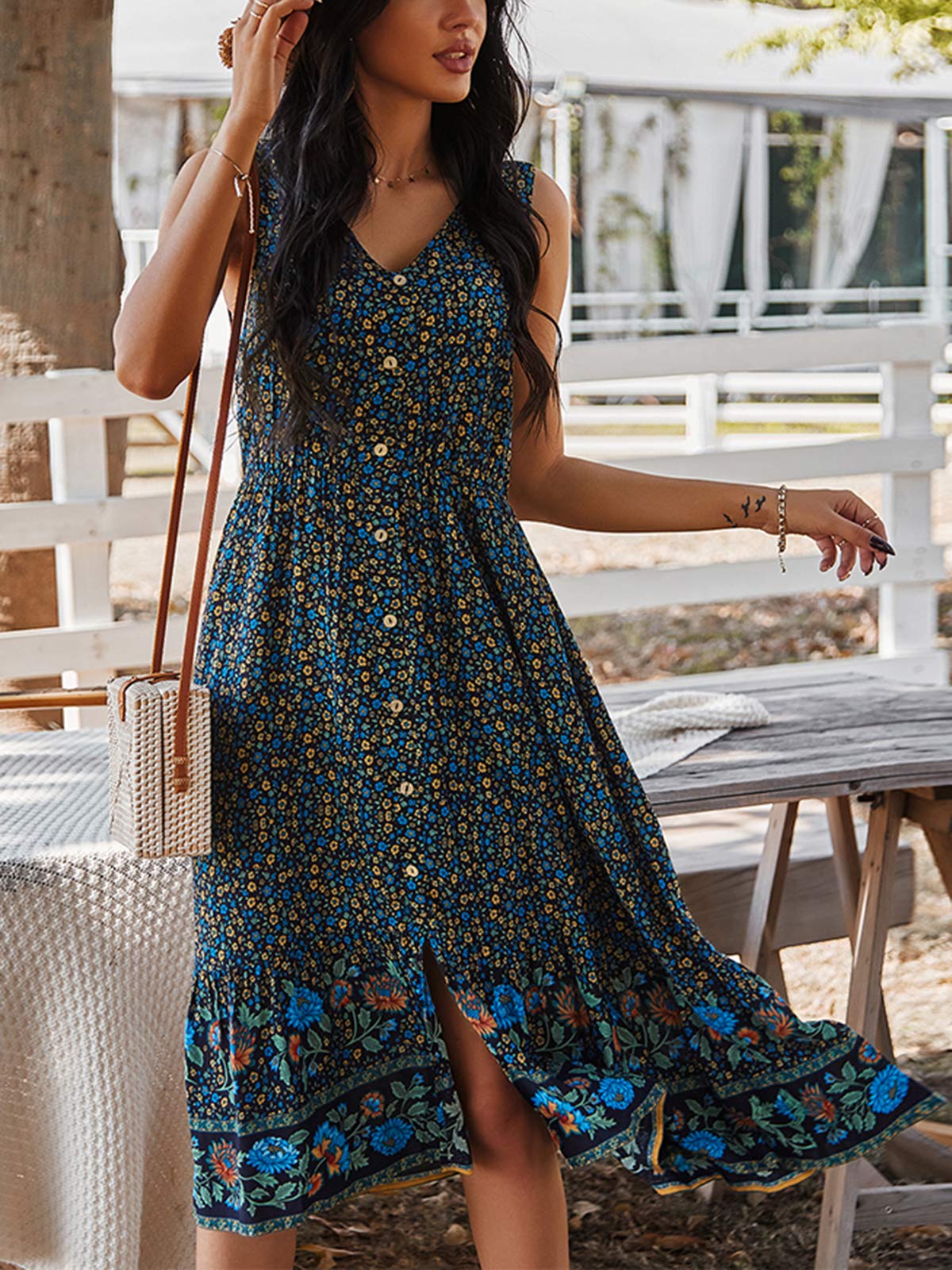 TEMOFON Women Dress Summer Sleeveless Bohemian Floral V Neck Button Down Flowy Boho Dresses 2025 Navy Blue XL