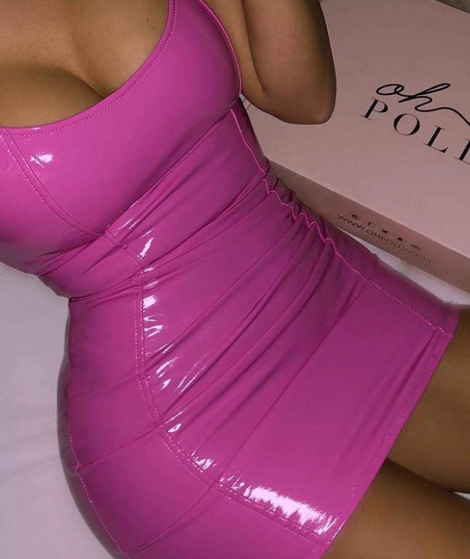 SEMATOMALA Women's Scoop Neck Latex Bodycon Dress Shiny Metallic Strap Shoulder Slim Fitted Club Party Mini Dresses(PI,M)