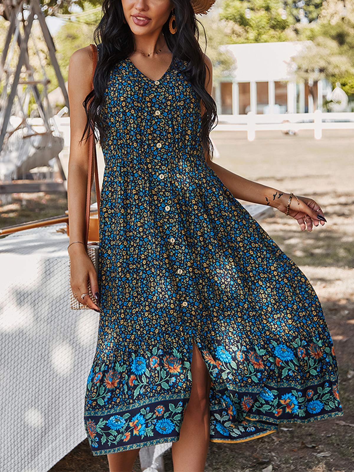 TEMOFON Women Dress Summer Sleeveless Bohemian Floral V Neck Button Down Flowy Boho Dresses 2025 Navy Blue XL