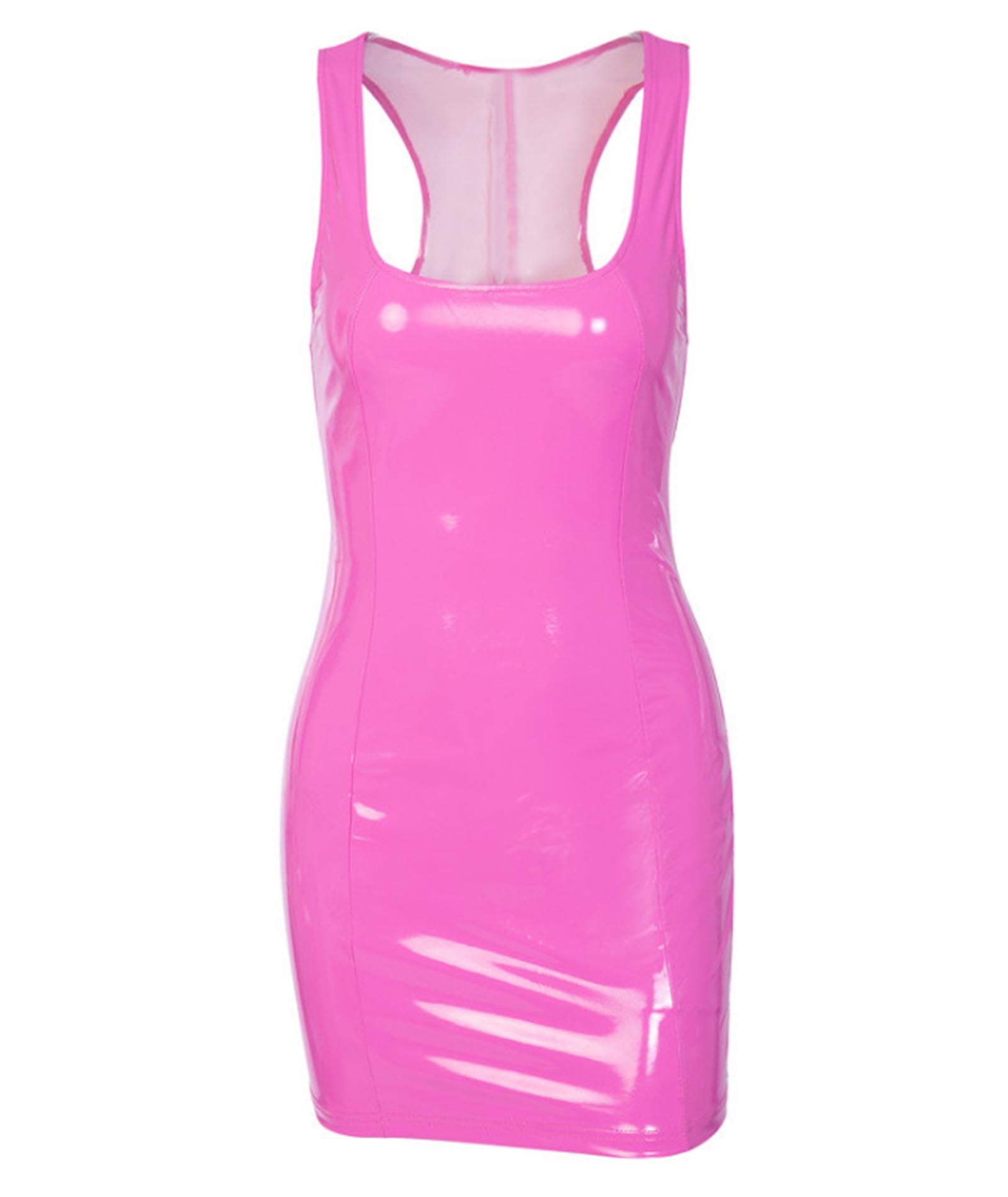 SEMATOMALA Women's Scoop Neck Latex Bodycon Dress Shiny Metallic Strap Shoulder Slim Fitted Club Party Mini Dresses(PI,M)