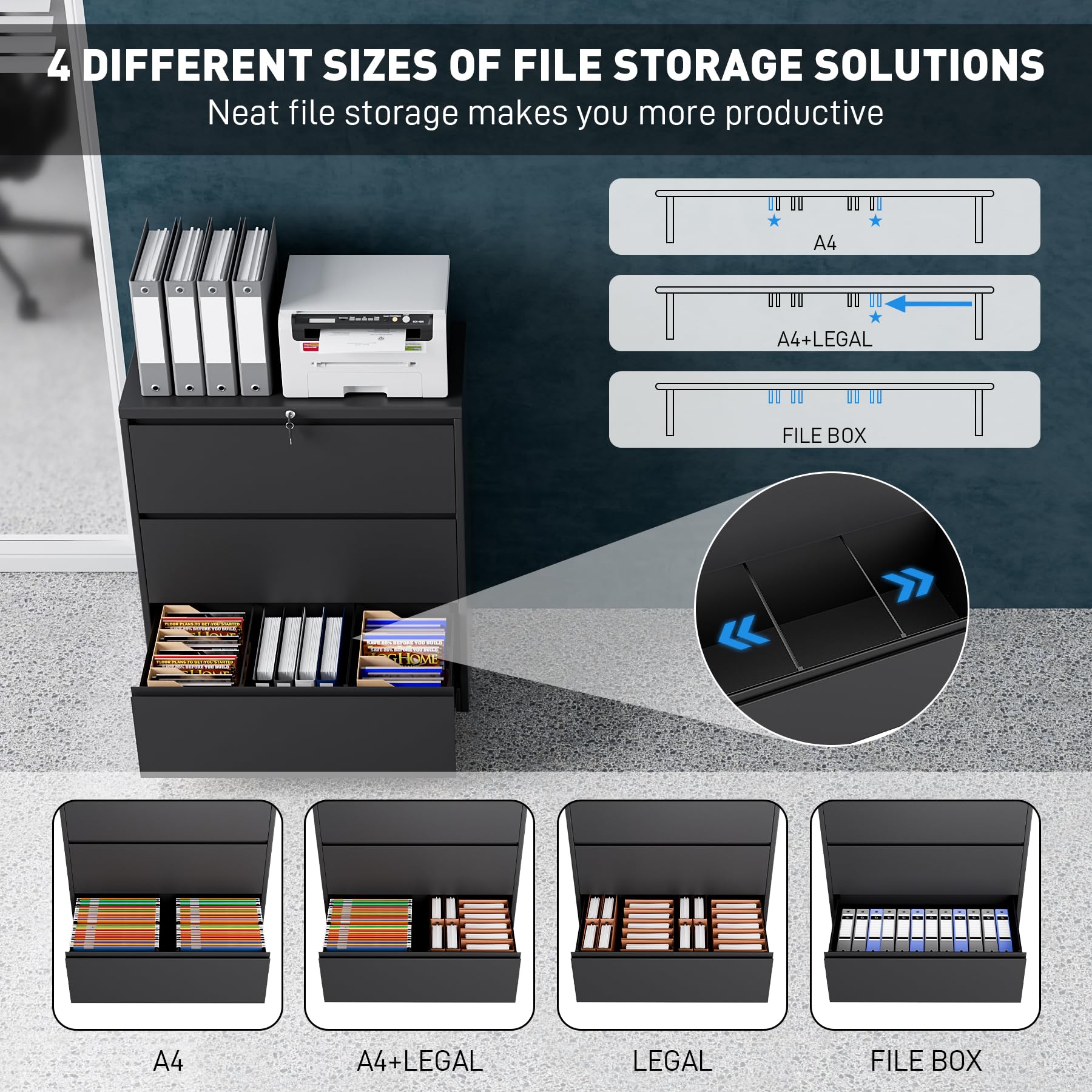WIILAYOK Lateral File Cabinet with Lock,3 Drawer File Cabinet for Home and Office, Organizer Storage Lateral Locking Filing Cabinet, Black
