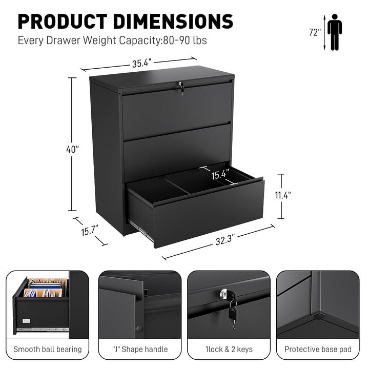 WIILAYOK Lateral File Cabinet with Lock,3 Drawer File Cabinet for Home and Office, Organizer Storage Lateral Locking Filing Cabinet, Black