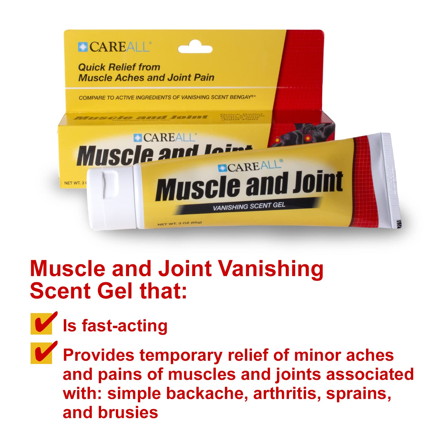 CareAll Muscle & Joint Vanishing Scent Gel, 3.0 oz. (3 Pack), Non-Greasy, Pain Relief Gel for Muscle, Back and Minor Arthritis, Topical Analgesic, 2.5% Menthol