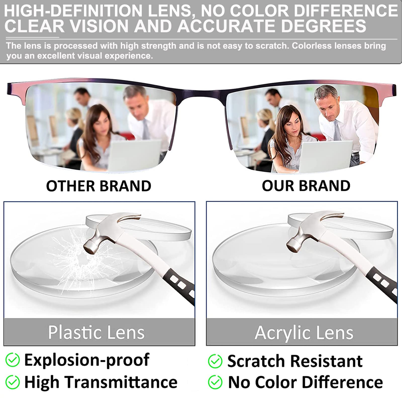 HUYAOPT 2-Pack Blue Light Blocking Reading Glasses Men Women Spring Hinge Computer Reading Glasses Metal Frame (Mixed Color, 2.0