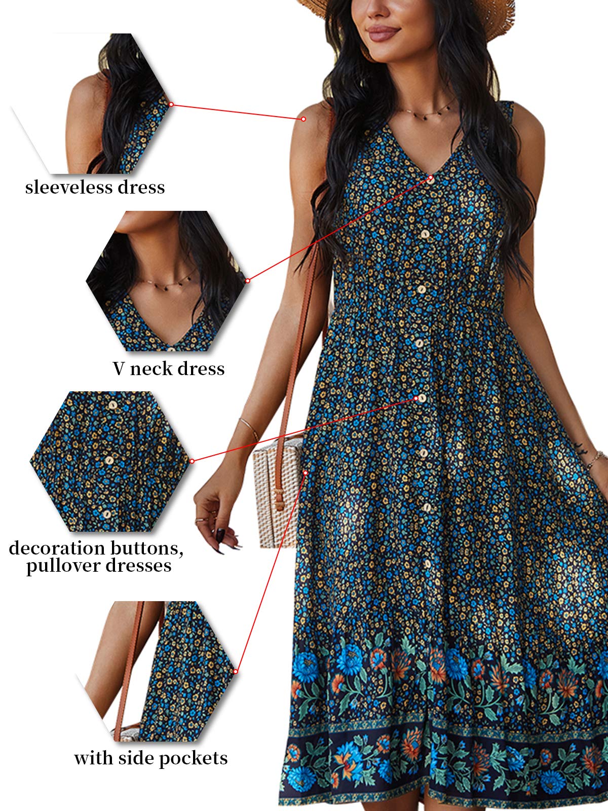 TEMOFON Women Dress Summer Sleeveless Bohemian Floral V Neck Button Down Flowy Boho Dresses 2025 Navy Blue XL