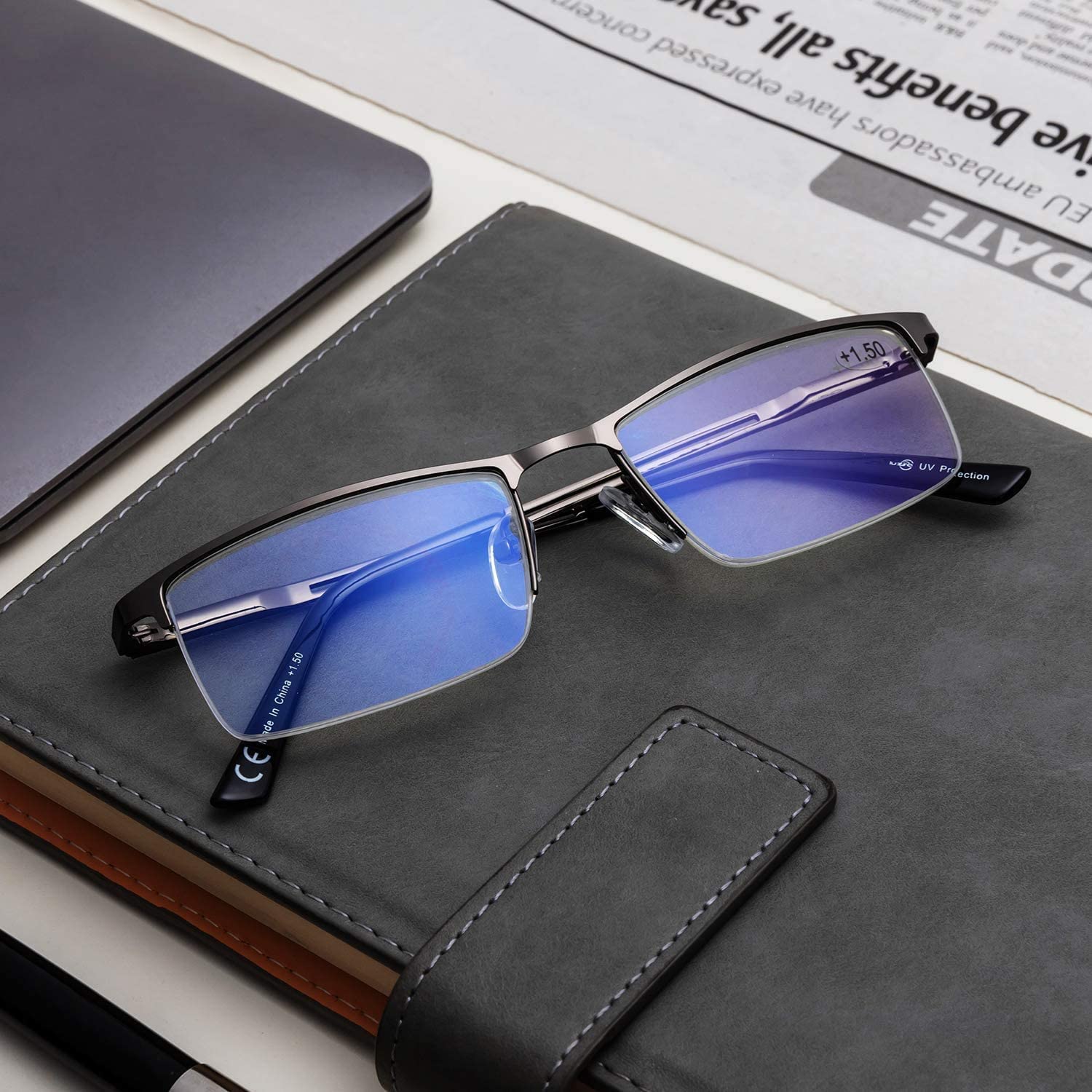 HUYAOPT 2-Pack Blue Light Blocking Reading Glasses Men Women Spring Hinge Computer Reading Glasses Metal Frame (Mixed Color, 2.0
